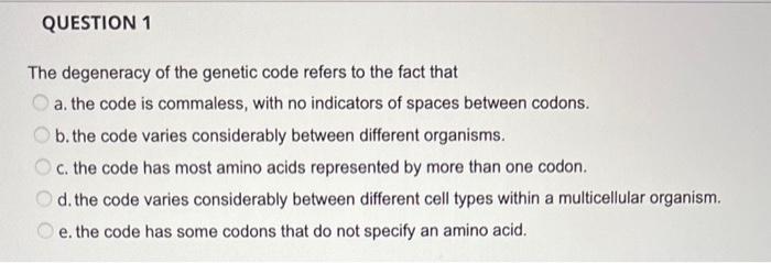 Solved The degeneracy of the genetic code refers to the fact | Chegg.com