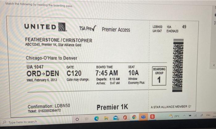 Match the following by reading the boarding pass 49 | Chegg.com