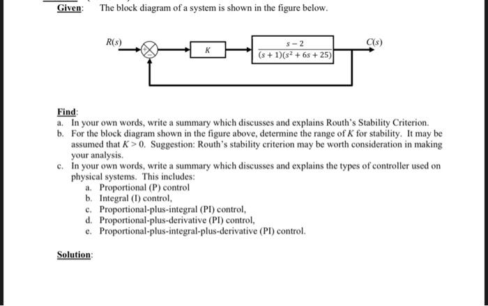 Solved Given: The block diagram of a system is shown in the | Chegg.com