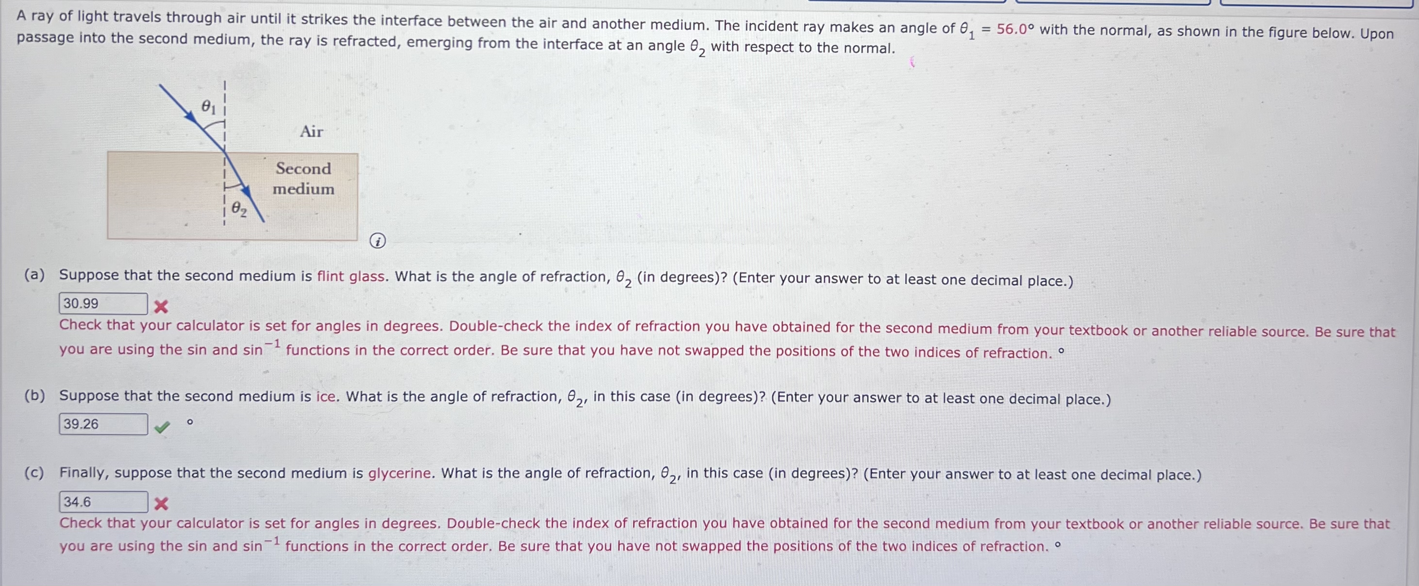Solved A ray of light travels through air until it strikes | Chegg.com