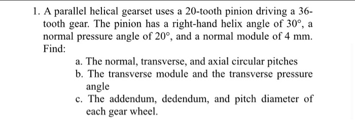 Solved 1. A parallel helical gearset uses a 20-tooth pinion | Chegg.com