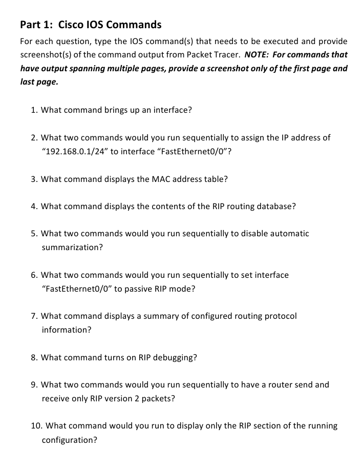 Solved Part 1: Cisco IOS Commands For each question, type | Chegg.com