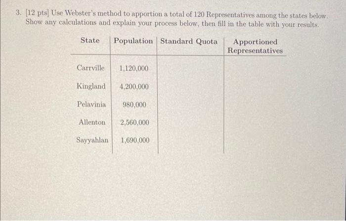 Solved 3. (12 pts] Use Webster's method to apportion a total | Chegg.com