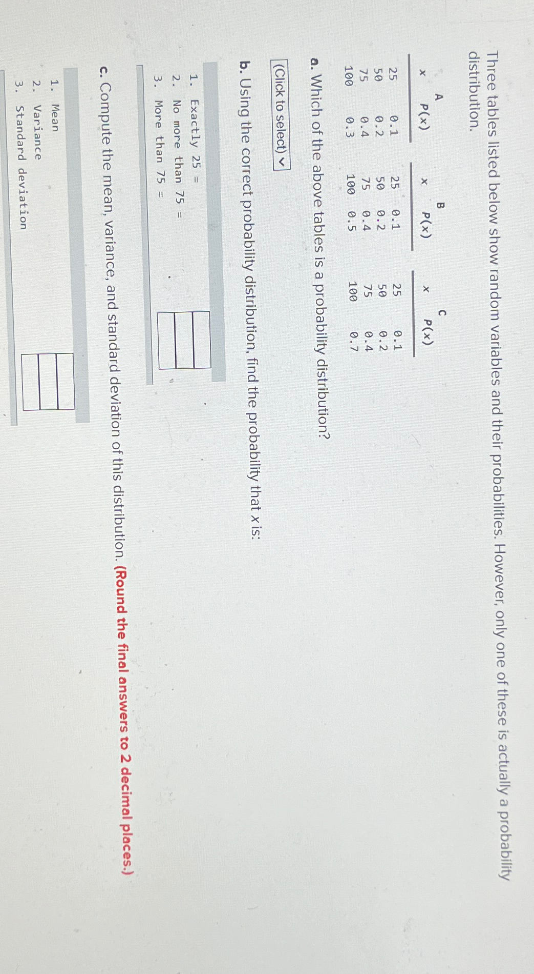 Solved Three tables listed below show random variables and | Chegg.com