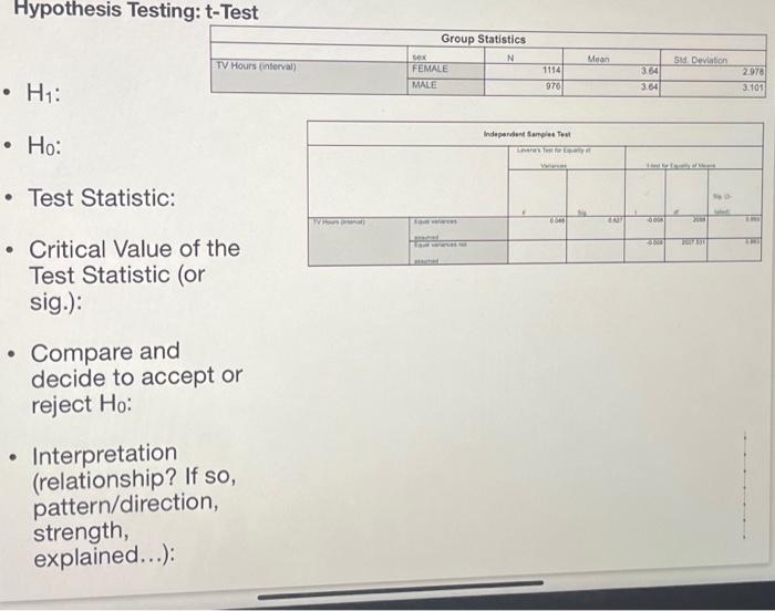 Solved Hypothesis Testing: t-Test | Chegg.com