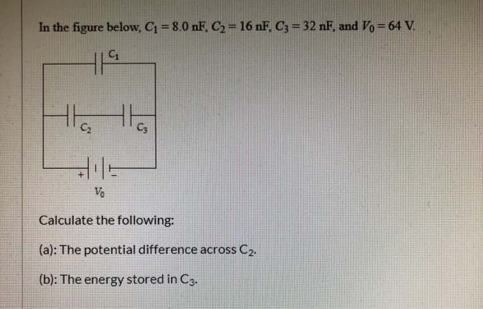 Solved In the figure below, C1 = 8.0 nF, C2 = 16 nF, C3 = 32 | Chegg.com