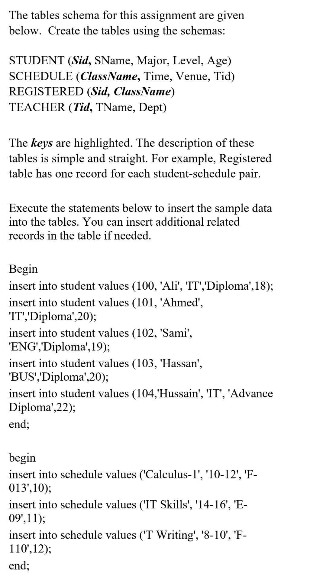 Solved The tables schema for this assignment are given | Chegg.com