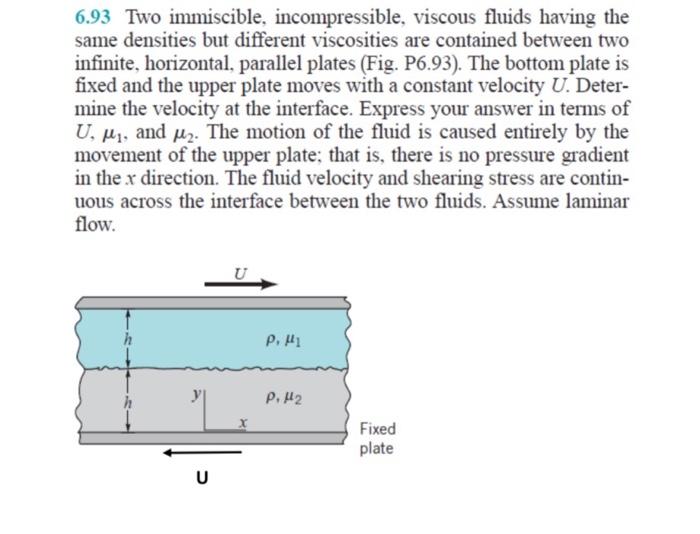 Solved 6.93 Two immiscible, incompressible, viscous fluids | Chegg.com