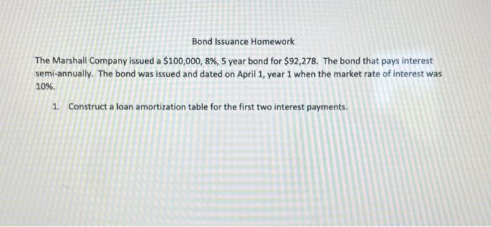 Solved Bond Issuance Homework The Marshall Company issued a | Chegg.com