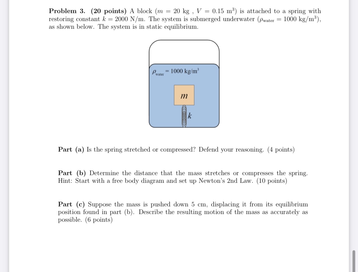 Solved Problem 3. (20 ﻿points) ﻿A block )=20(kg),V=(0.15m3 | Chegg.com