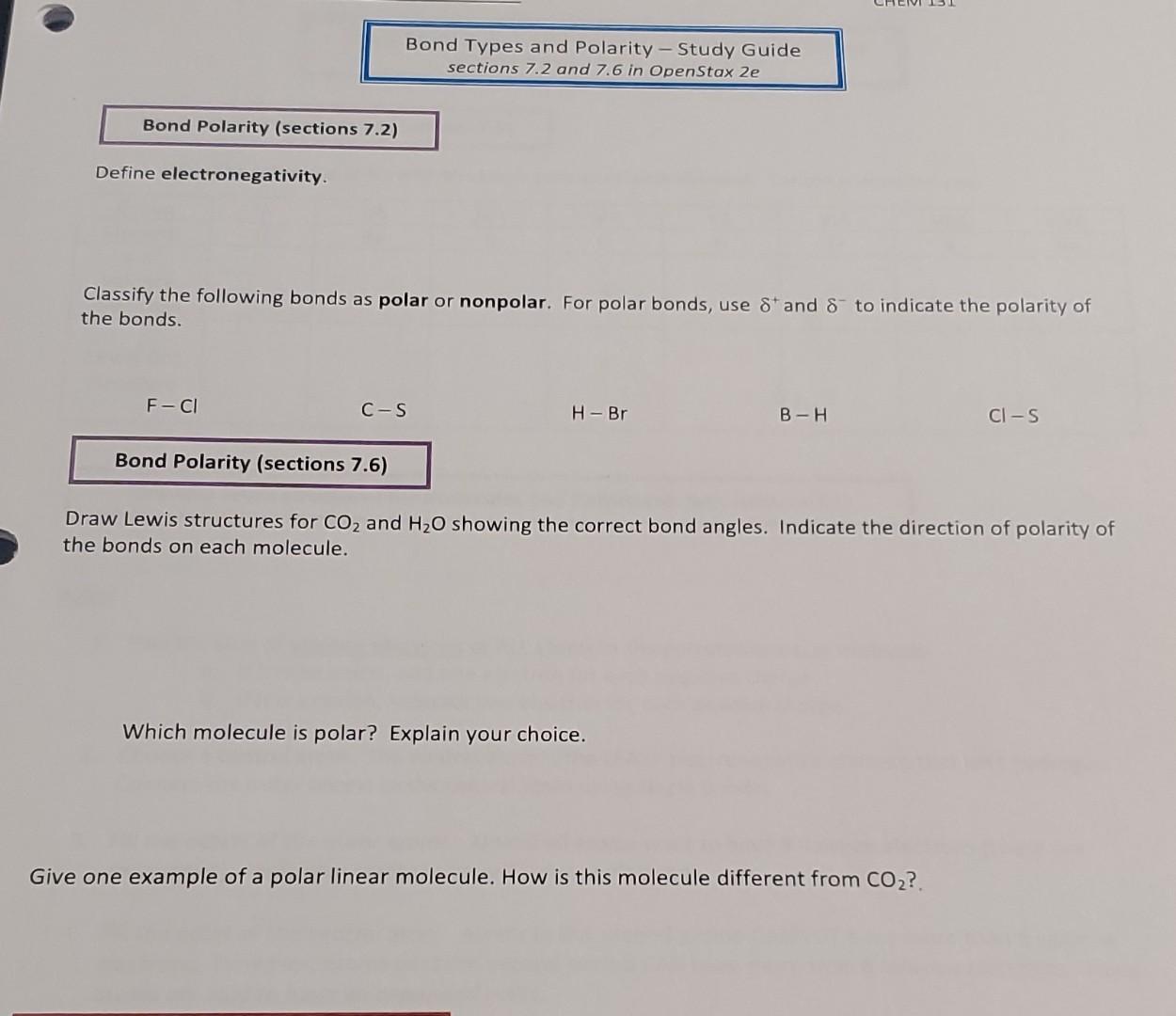 Solved Bond Types and Polarity - Study Guide sections 7.2 | Chegg.com