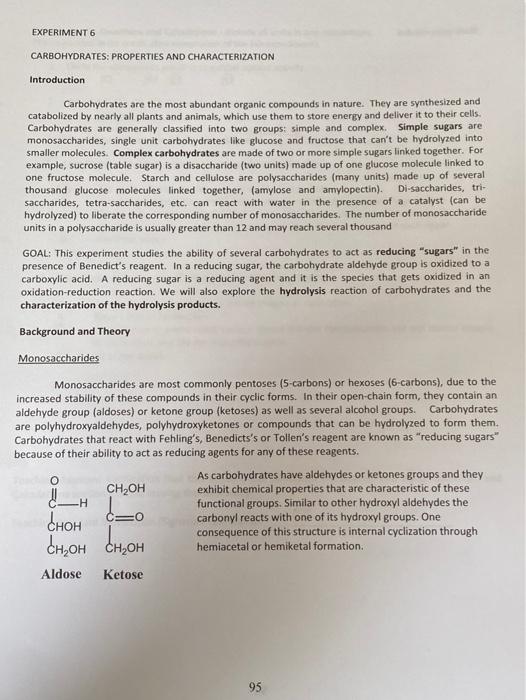 Solved EXPERIMENT 6 CARBOHYDRATES: PROPERTIES AND | Chegg.com