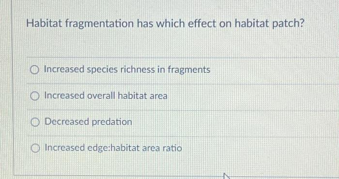 Solved Habitat fragmentation has which effect on habitat | Chegg.com