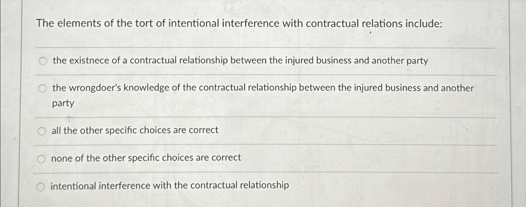 Solved The elements of the tort of intentional interference | Chegg.com