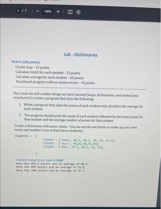 Solved Lab-Dictionaries Rubric ( 100 points): Create loop - | Chegg.com