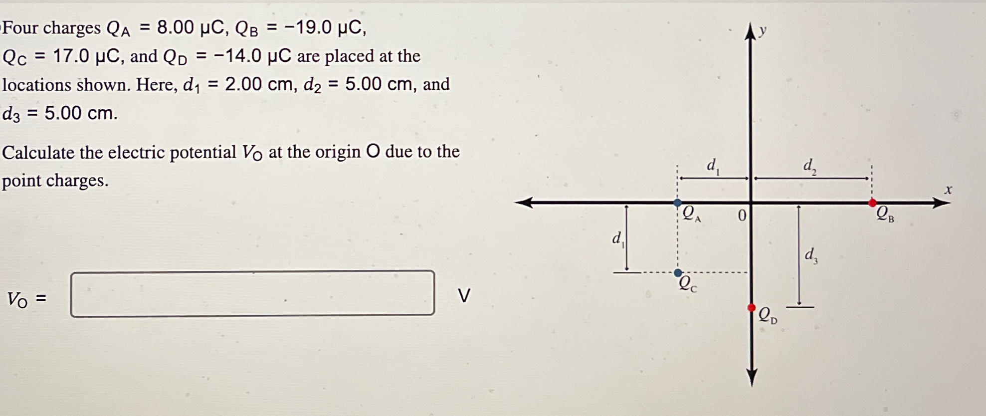 Solved Four charges QA=8.00μC,QB=-19.0μC, QC=17.0μC, ﻿and | Chegg.com