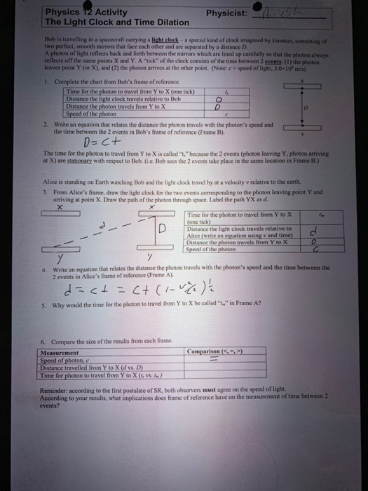 Solved Physics 12 Activity The Light Clock and Time Dilation | Chegg.com