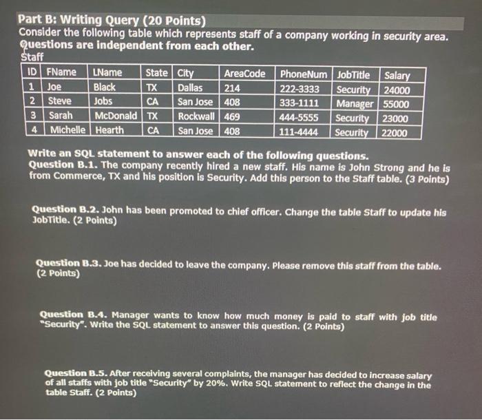 Solved Part B: Writing Query (20 Points) Consider the | Chegg.com