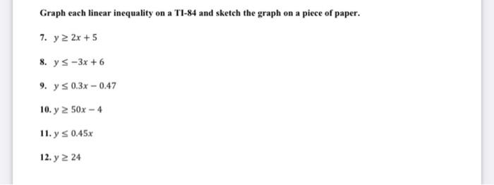 Solved Graph each linear inequality on a T1-84 and sketch | Chegg.com