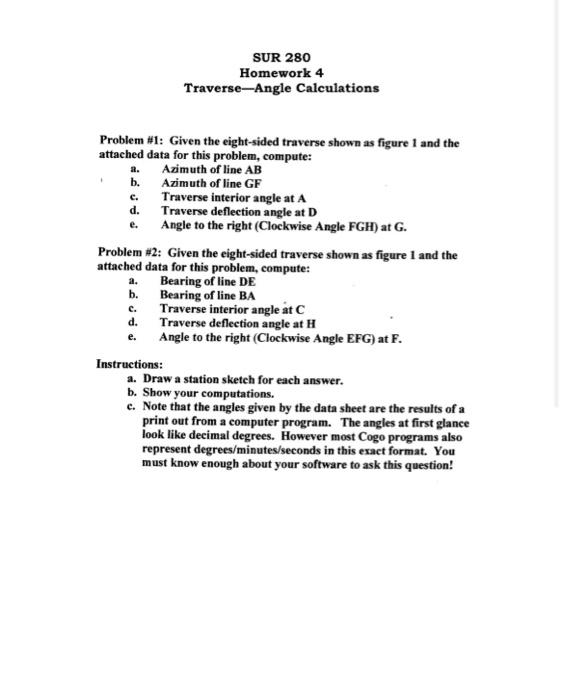 Solved SUR 280 Homework 4 Traverse-Angle Calculations | Chegg.com