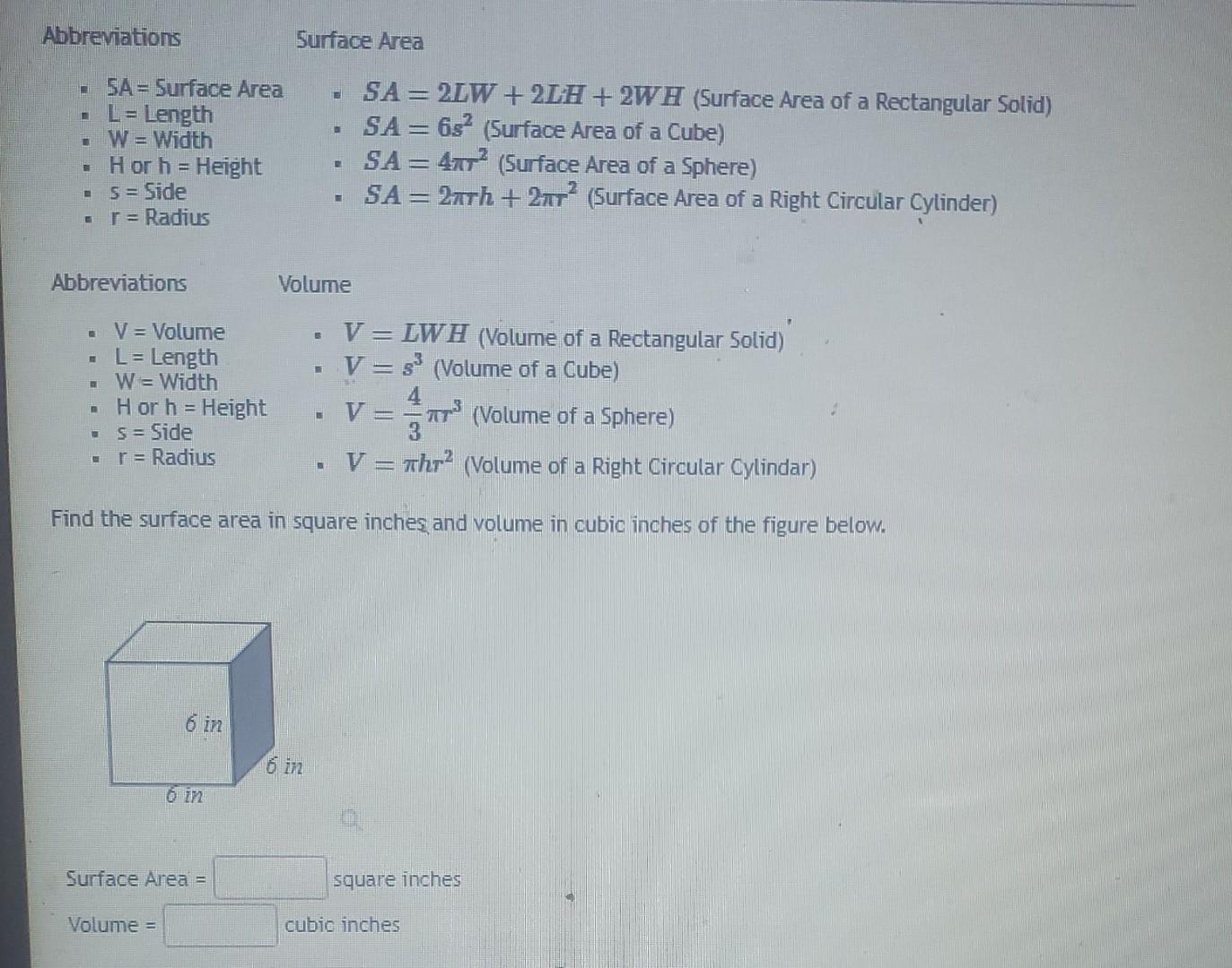 Solved Abbreviations Surface Area SA= Surface Area L = | Chegg.com