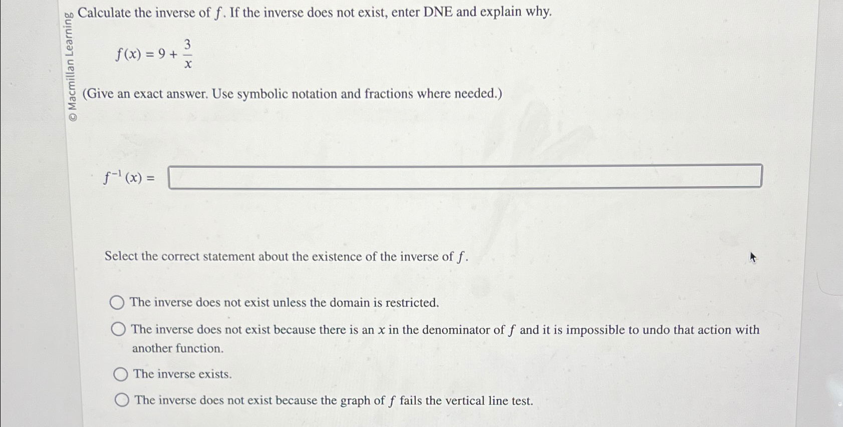 Solved Calculate the inverse of f. ﻿If the inverse does not | Chegg.com