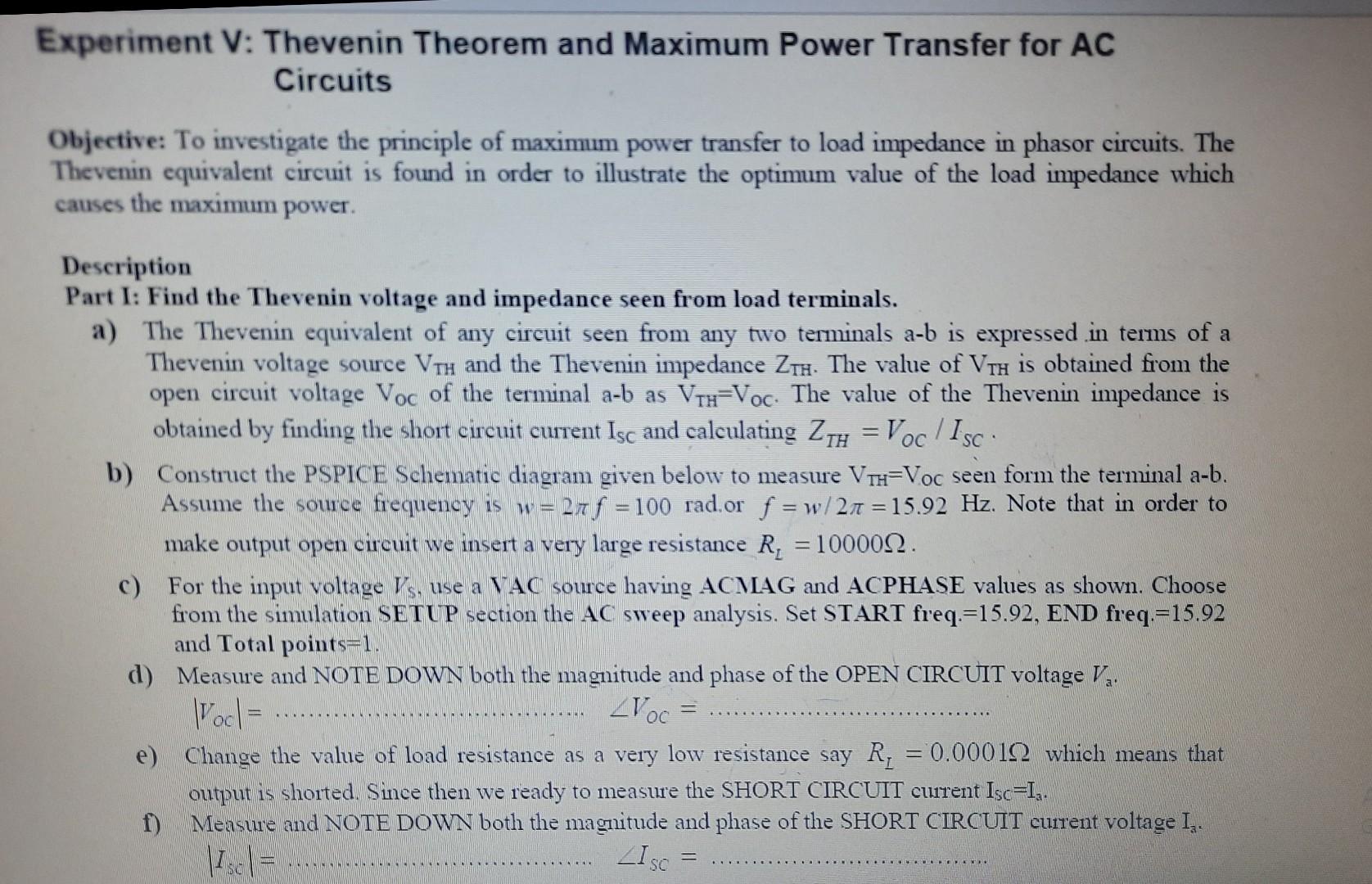 Solved Experiment V: Thevenin Theorem and Maximum Power | Chegg.com