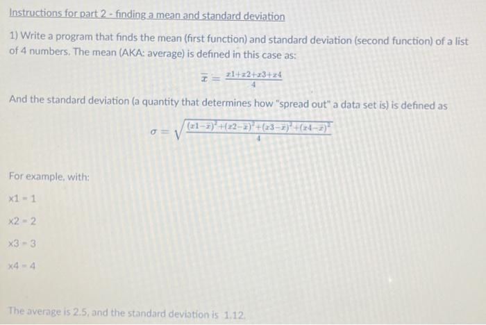 Solved Instructions for part 2 - finding a mean and standard | Chegg.com