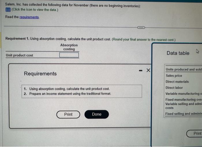 Solved Salem, Inc. has collected the following data for | Chegg.com