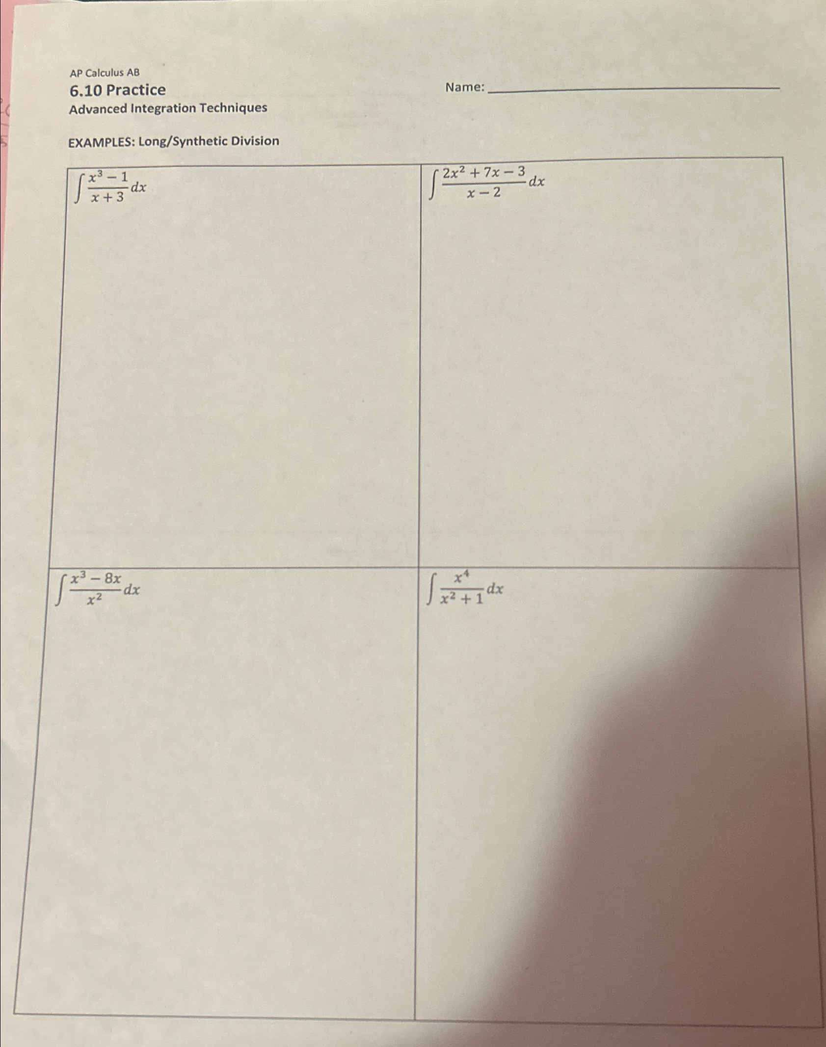 Solved AP Calculus AB6.10 ﻿PracticeNamAdvanced Integration | Chegg.com