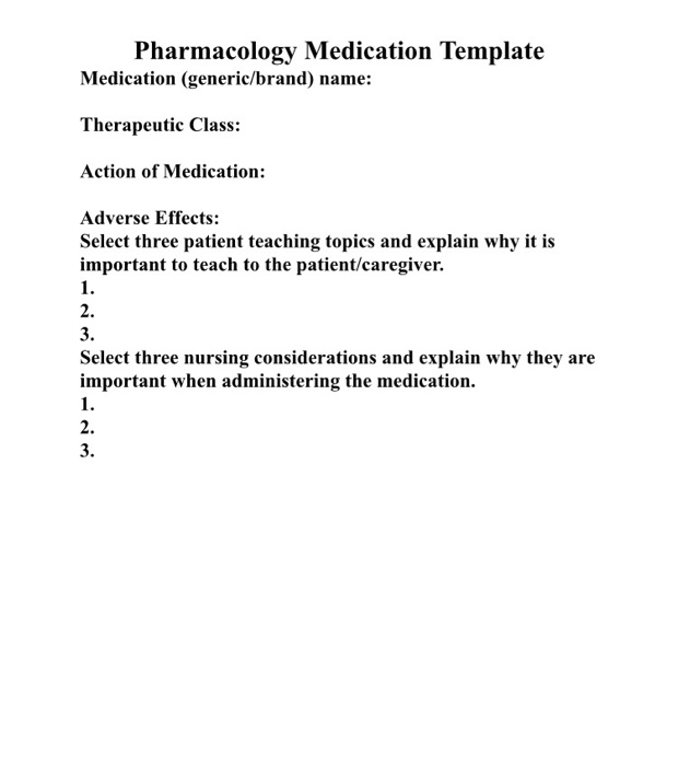 Solved Pharmacology Medication Template Medication | Chegg.com