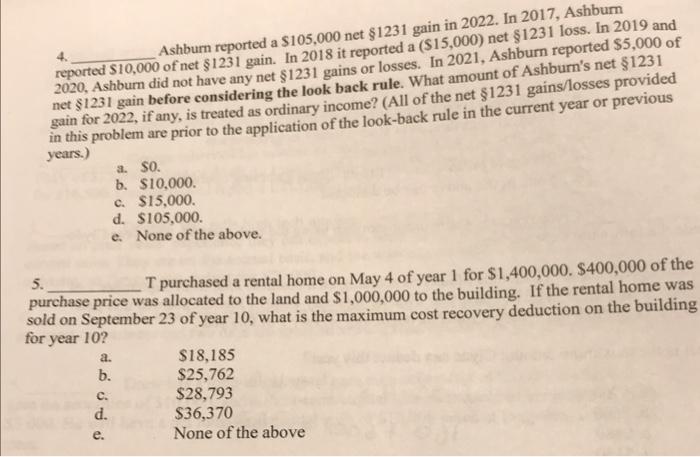 Solved 4. Ashburn reported a $105,000 net $1231 gain in | Chegg.com