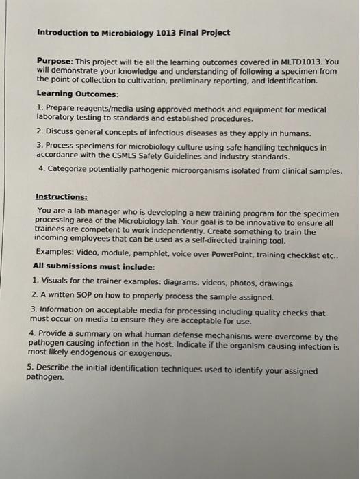 Introduction to Microbiology 1013 Final Project | Chegg.com