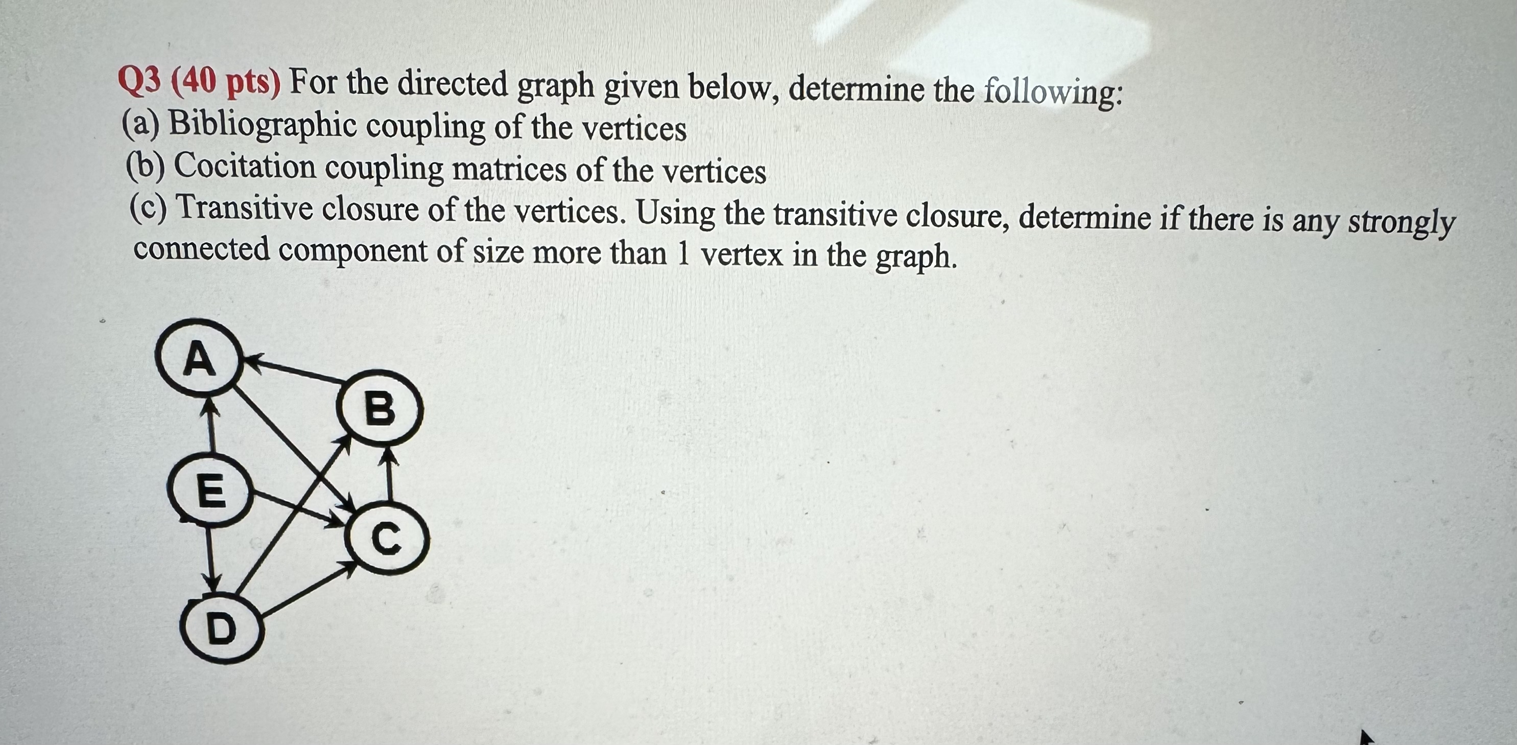 Solved Q3 (40 ﻿pts) ﻿For the directed graph given below, | Chegg.com