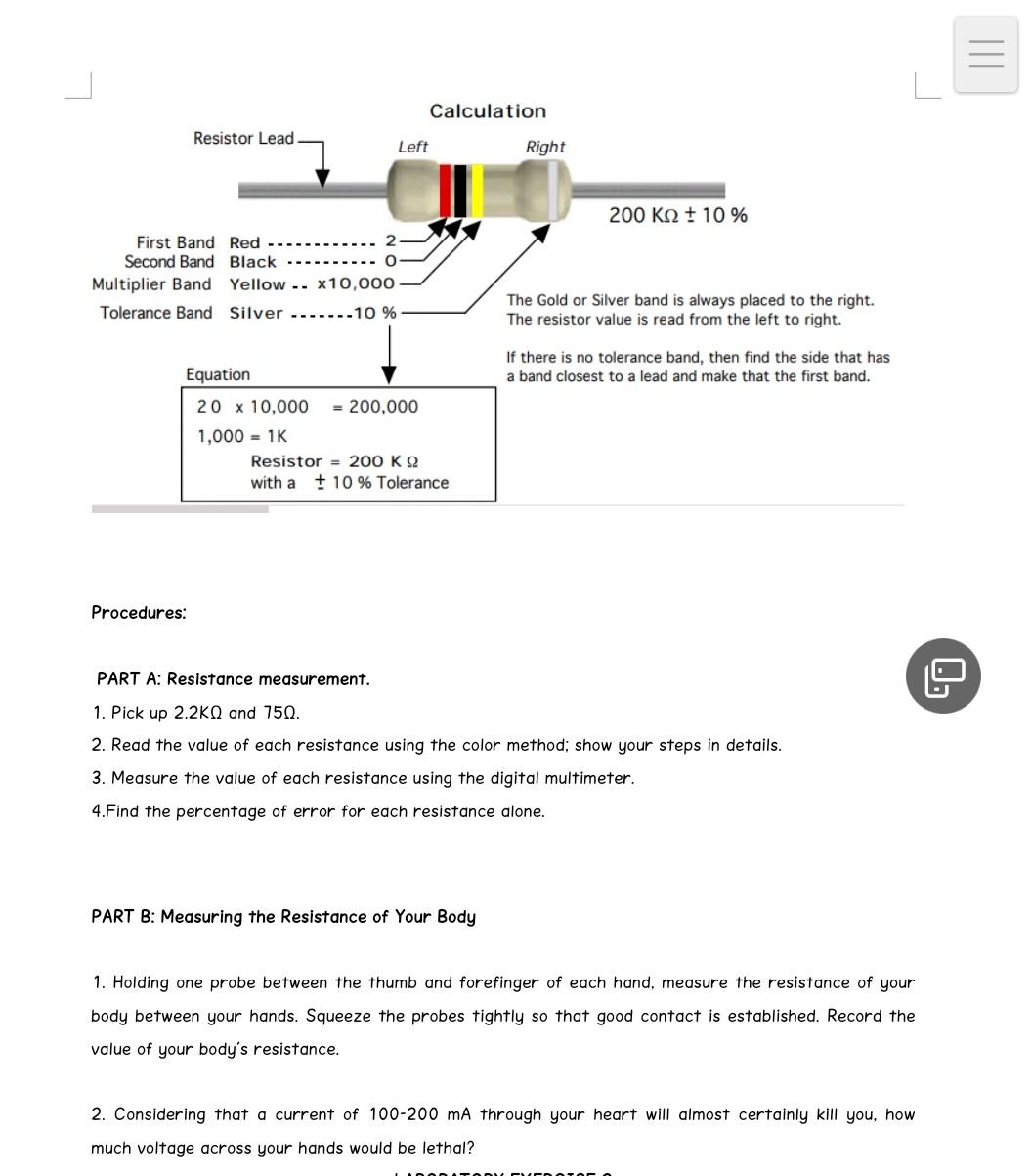 J Calculation Resistor Lead Left Right 200 K + 10 % | Chegg.com