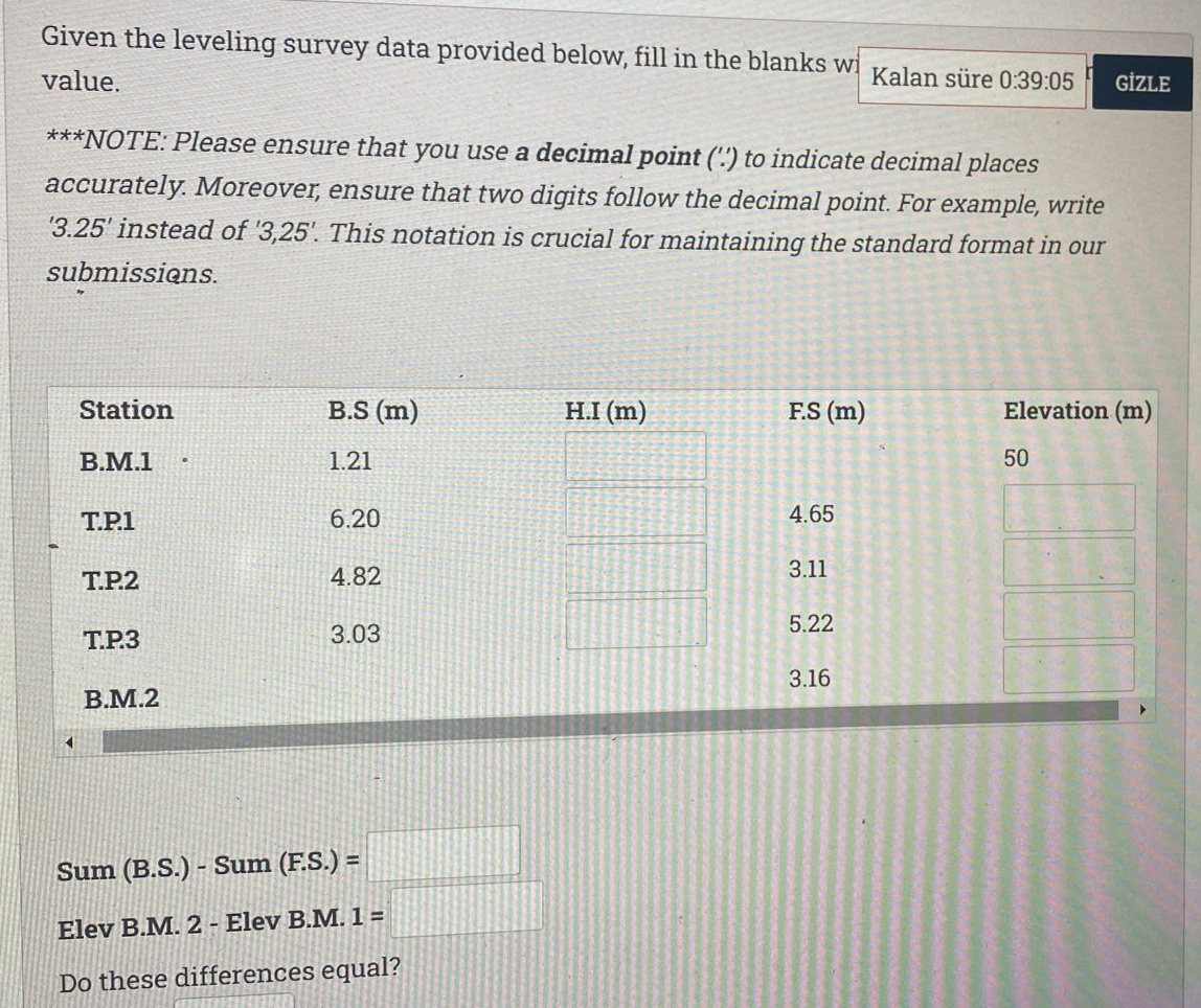 Solved Given the leveling survey data provided below, fill | Chegg.com