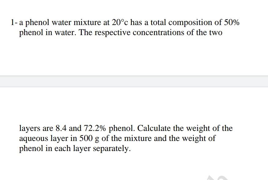 Solved 1- a phenol water mixture at 20°c has a total | Chegg.com