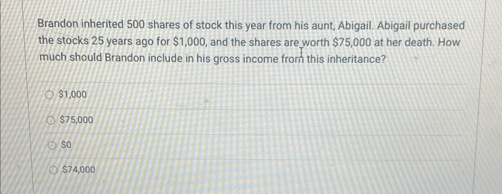Solved Brandon inherited 500 shares of stock this year from | Chegg.com