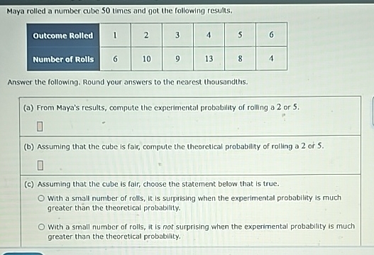 Solved Maya rolled a number cube 50 ﻿times and got the | Chegg.com