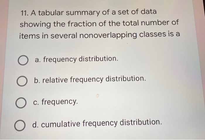 Solved 10. A frequency distribution is a. a tabular summary | Chegg.com