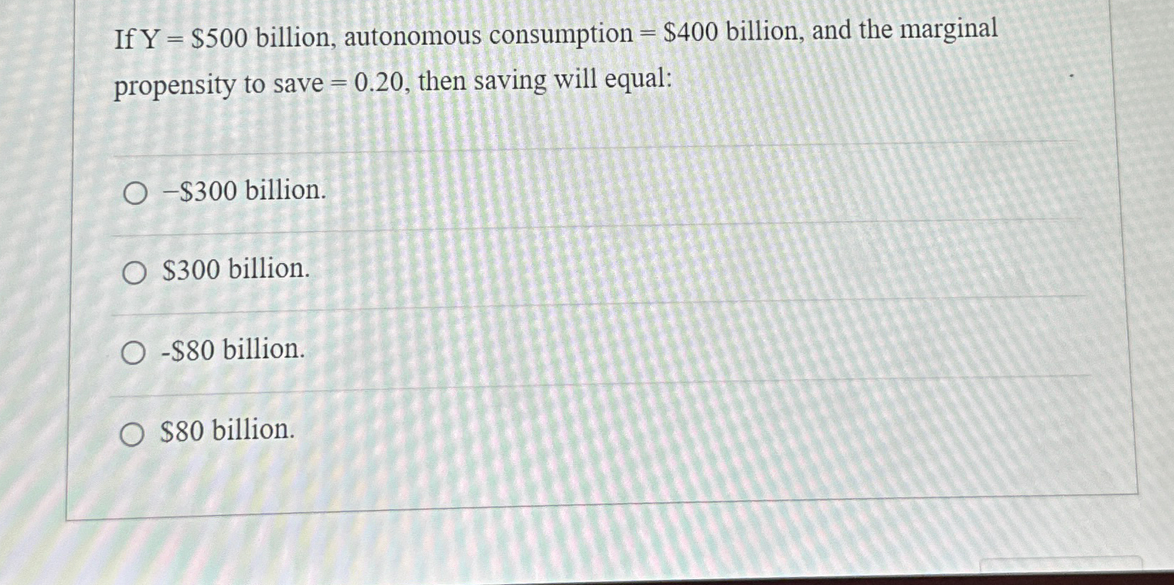 Solved If Y=$500 ﻿billion, autonomous consumption =$400 | Chegg.com