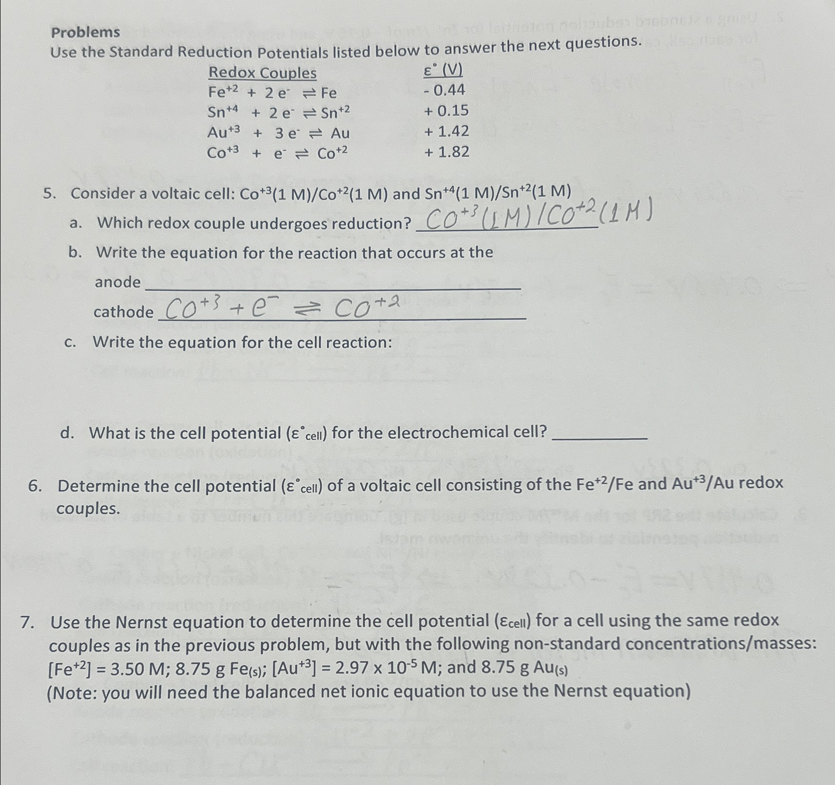 Solved ProblemsUse the Standard Reduction Potentials listed | Chegg.com