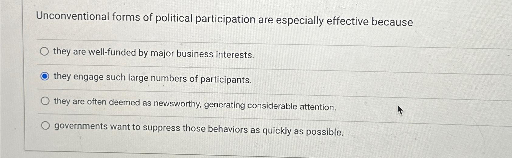 Solved Unconventional forms of political participation are | Chegg.com