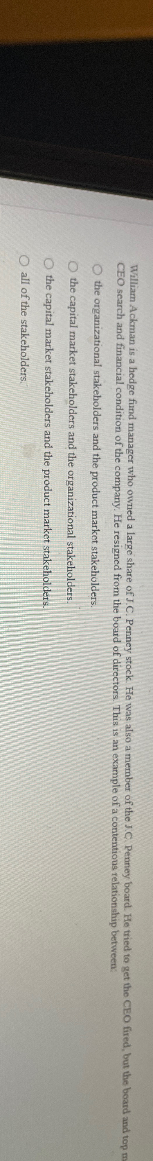 Solved William Ackman is a hedge fund manager who owned a | Chegg.com
