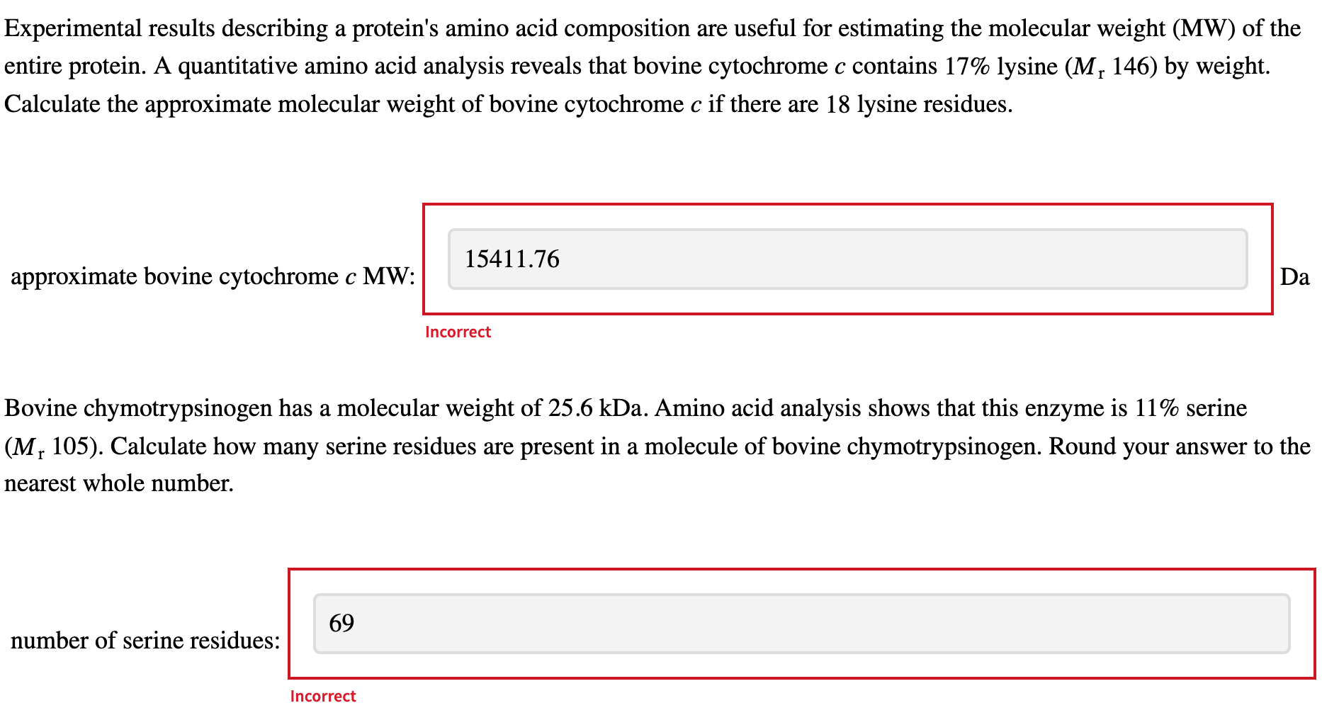 Solved Experimental results describing a protein's amino | Chegg.com