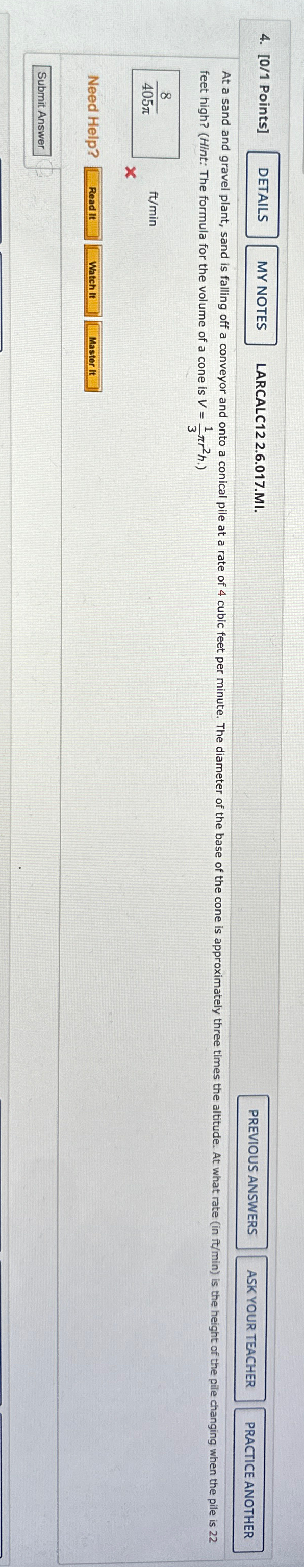 Solved [0/1 ﻿Points] ﻿LARCALC12 2.6.017.MI. ﻿feet high? | Chegg.com