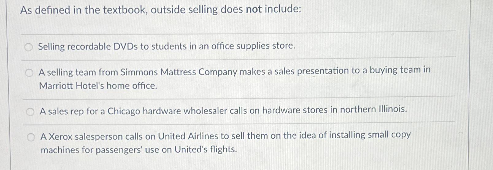 Solved As defined in the textbook, outside selling does not | Chegg.com