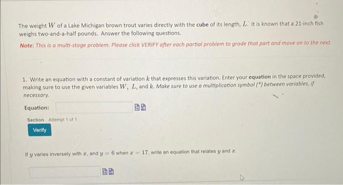 Solved The weight W of a Lake Michigan brown trout varies | Chegg.com