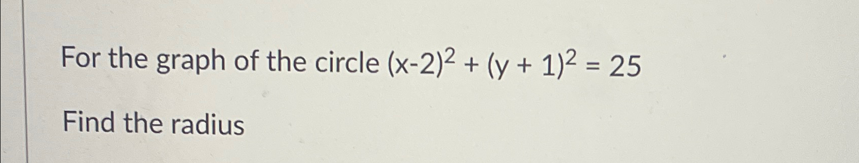 Solved For the graph of the circle (x-2)2+(y+1)2=25Find the | Chegg.com