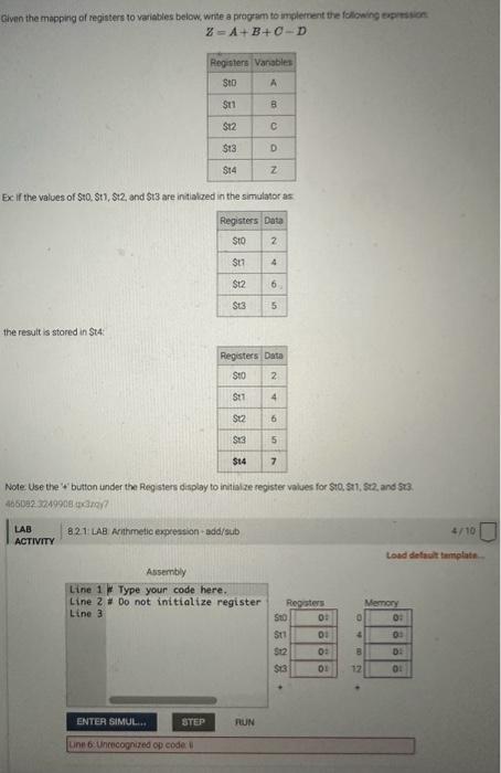 Solved Given The Mapping Of Registers To Variables Below